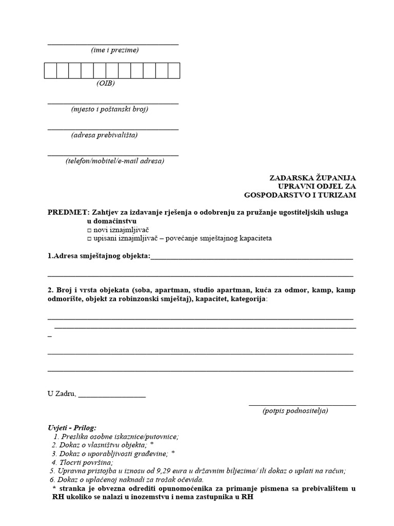 1.zahtjev Za Izdavanje Odobrenja Za Pružanje Ugostiteljskih Usluga U Domaćinstvu | PDF