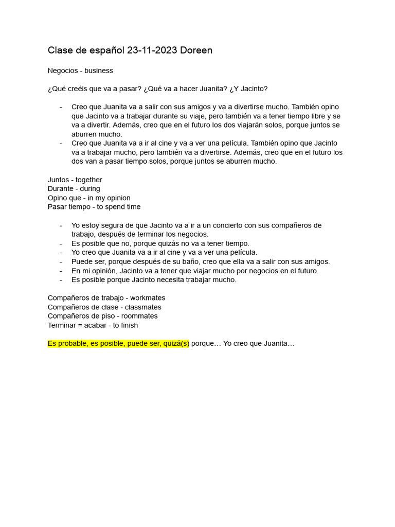 Clase de Español 23-11-2023 Doreen | PDF