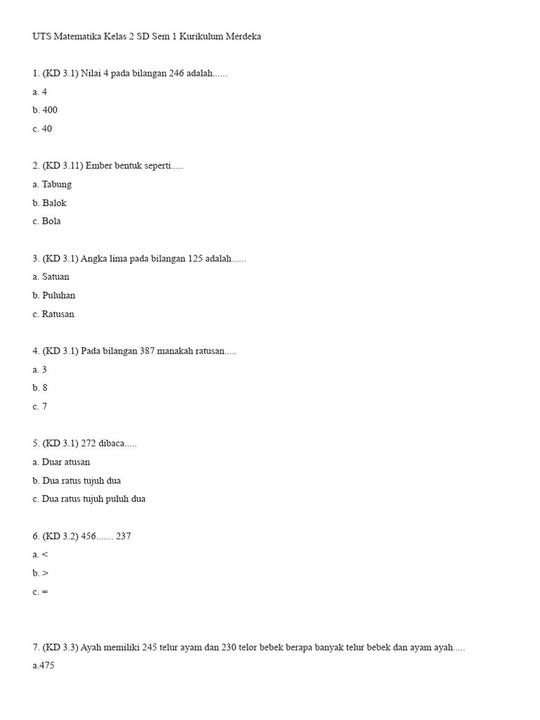 Soal UTS Matematika Kelas 2 SD Sem 1 Kurikulum Merdeka | PDF