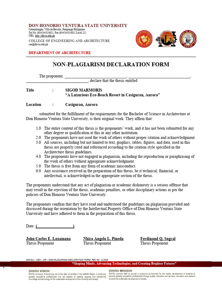 16.10 Non-Plagiarism-Declaration-Form-Rev-00 | PDF | Plagiarism | Thesis