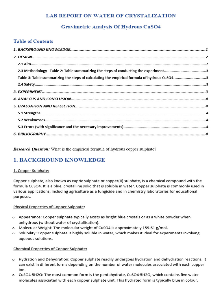 Water of Crystalisation of CuSO4 Lab Report | PDF | Stoichiometry ...