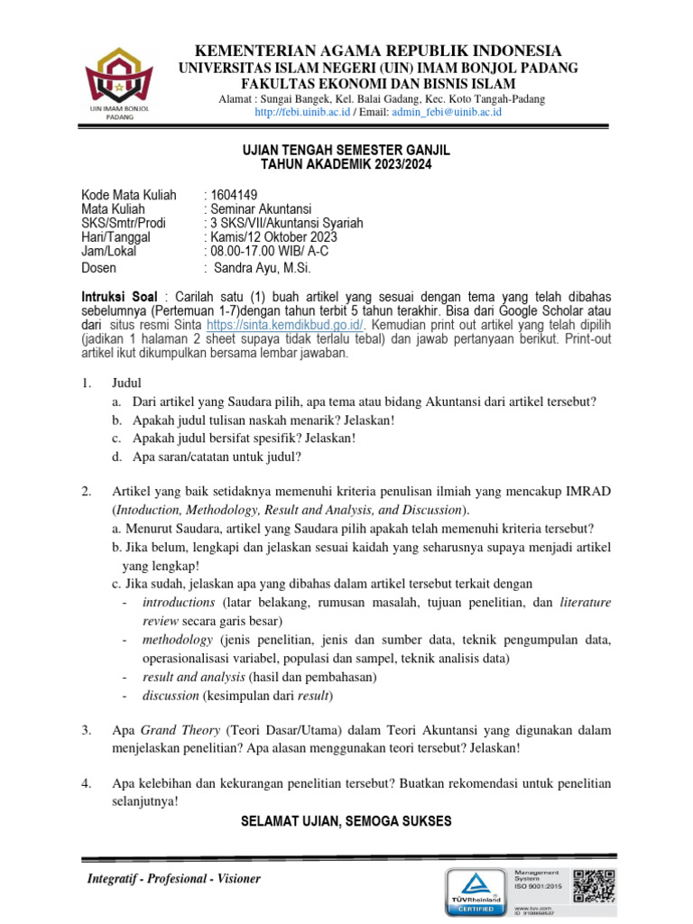 Soal UTS Seminar Akt 2023 | PDF