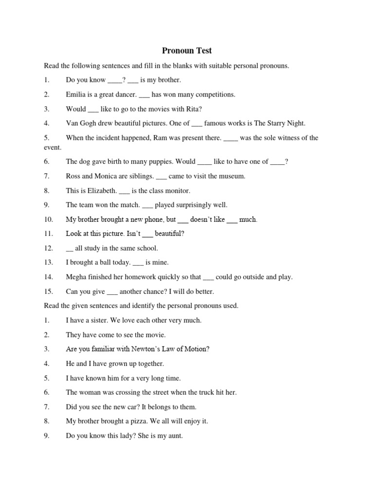 Pronoun Test For Grade 5 | PDF | Language Arts & Discipline