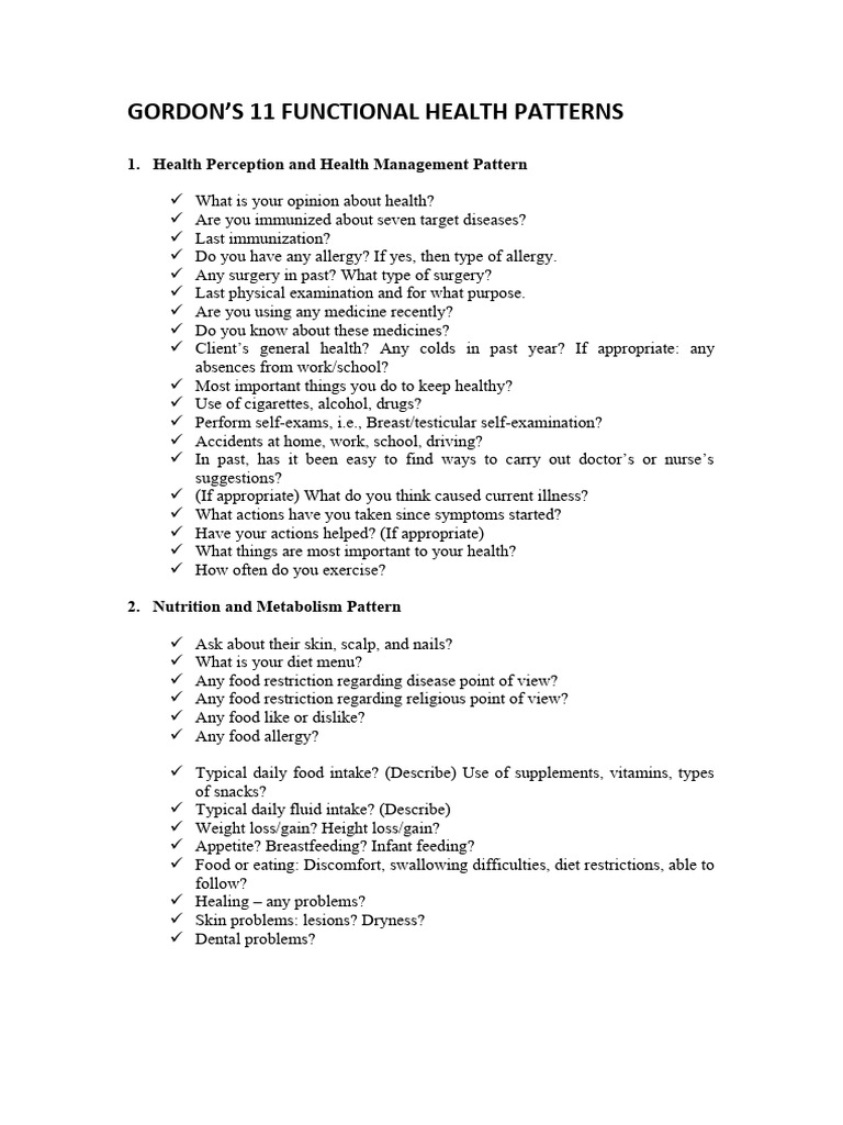 GORDON'S 11 FUNTIONAL HEALTH PATTERN (Q'S) | PDF | Menstruation ...