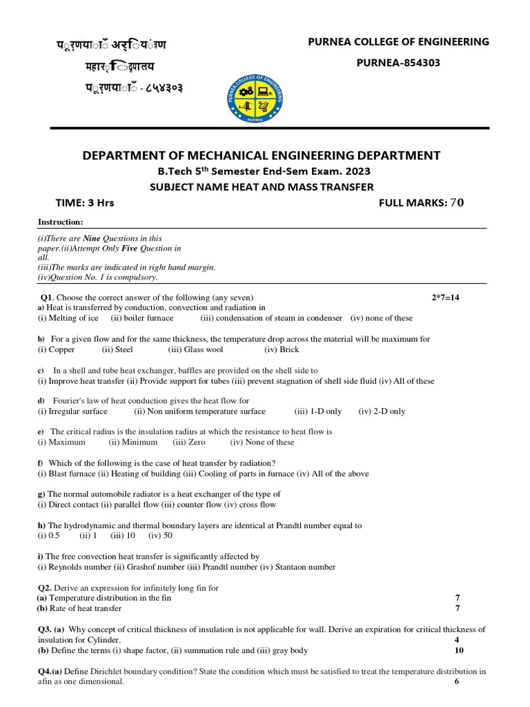 0 - Model HMT Question Paper | PDF | Heat Transfer | Heat