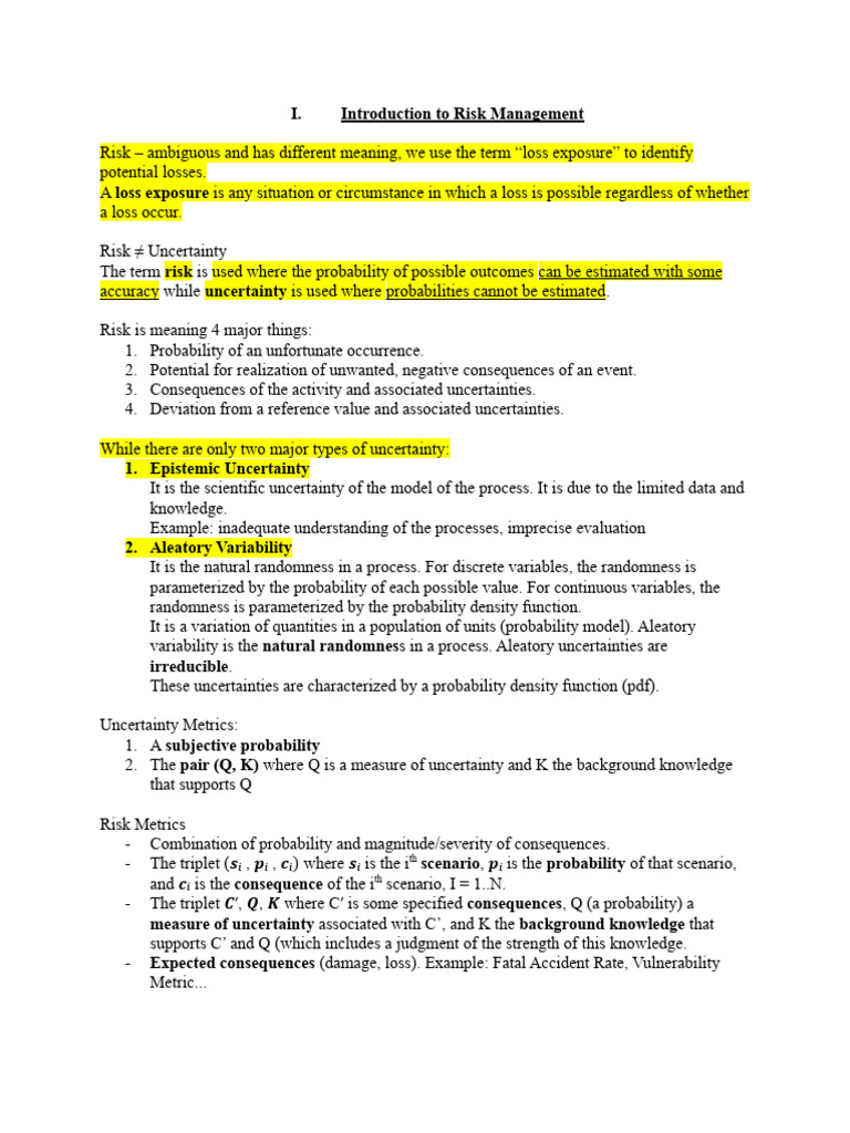 I. Introduction To Risk Management | PDF | Risk | Risk Management