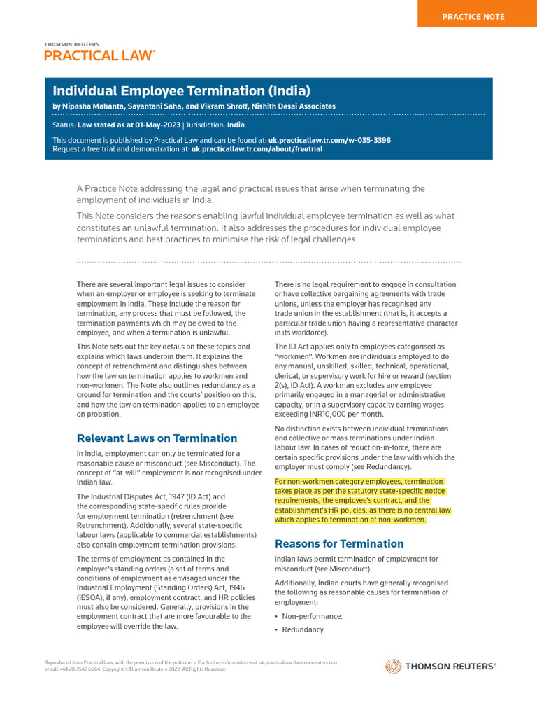 Individual-Employee-Termination-India NDA Article | PDF | Employment | Layoff