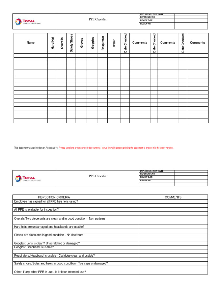 PPE Checklist (V1) | PDF | Personal Protective Equipment | Sports Equipment