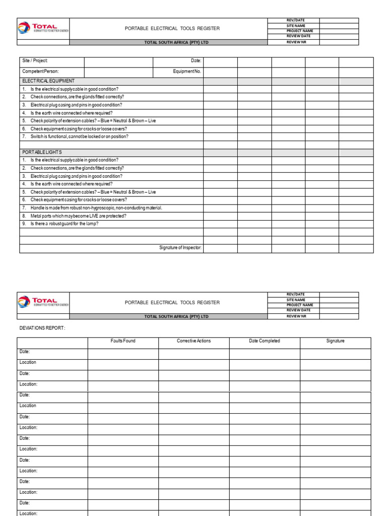 Portable Electrical Tools Inspection Checklist | PDF | Electrical ...
