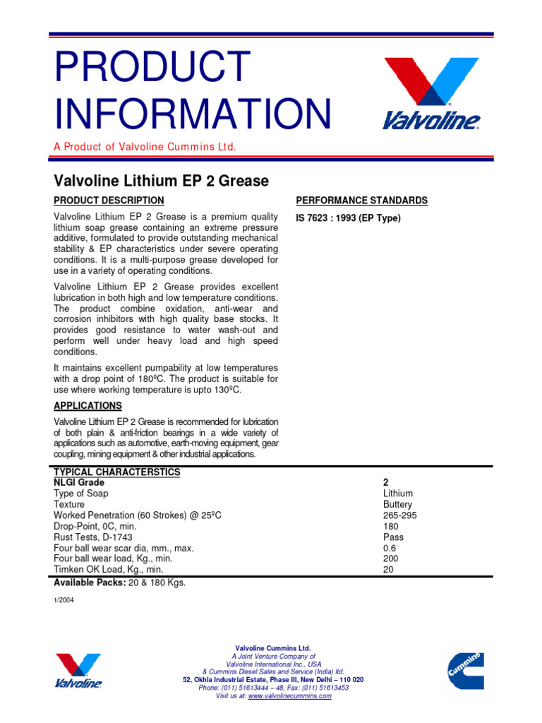 Valvoline Lithium Ep2 Grease | PDF | Mechanical Engineering | Materials