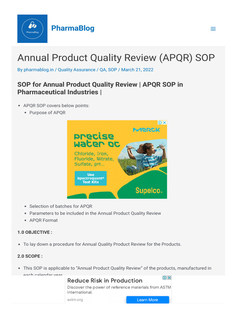 Annual Product Quality Review (APQR) SOP - PharmaB | PDF | High ...