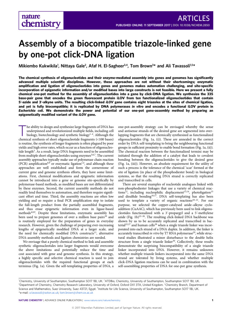Assembly of A Biocompatible Triazole-Linked Gene | PDF | Gene | Sense ...