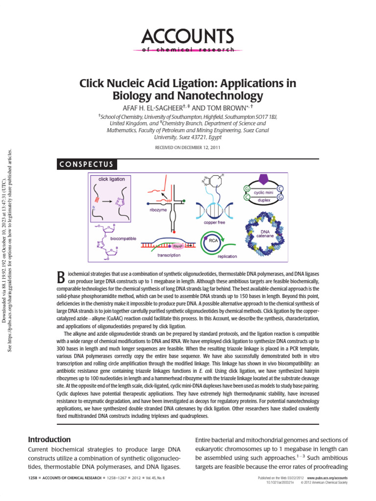 Click Nucleic Acid Ligation Applications in Biology and Nanotechnology ...