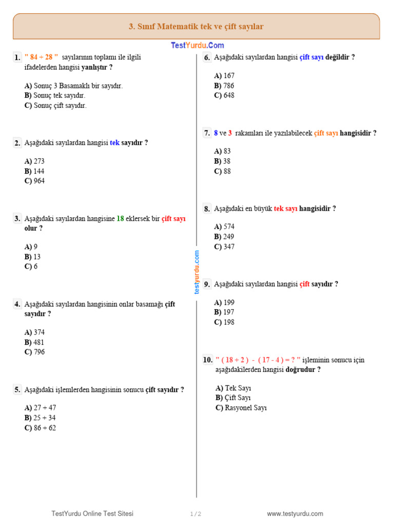 3 Sinif Matematik Tek Ve Cift Sayilar | PDF