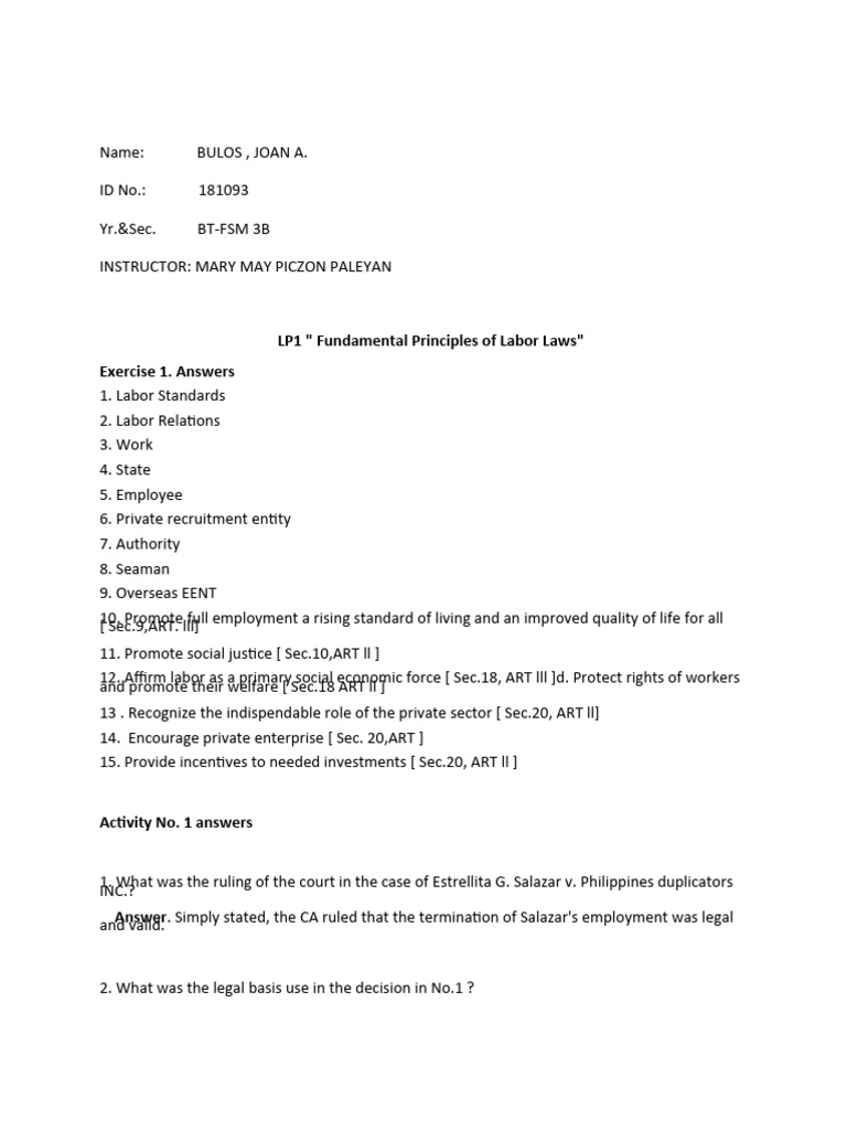 Bulos, Joan A. BT-FSM 3B LP1 Fundamental Principles of Labor Laws | PDF | Employment | Labour Law