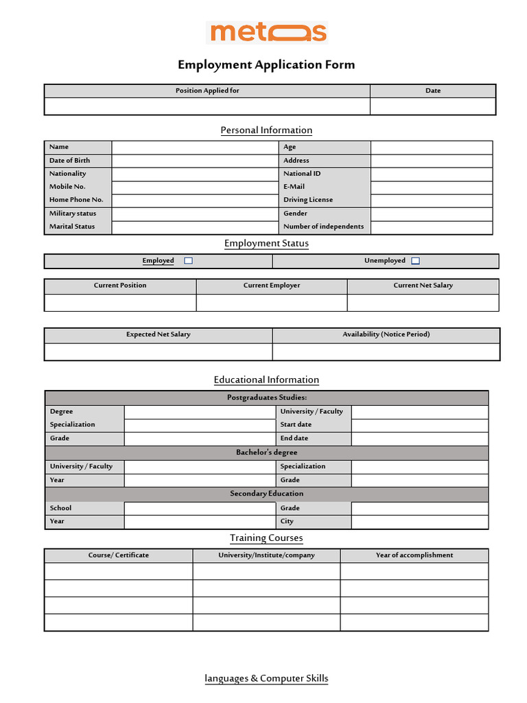 Metas Application Form | PDF | Employment