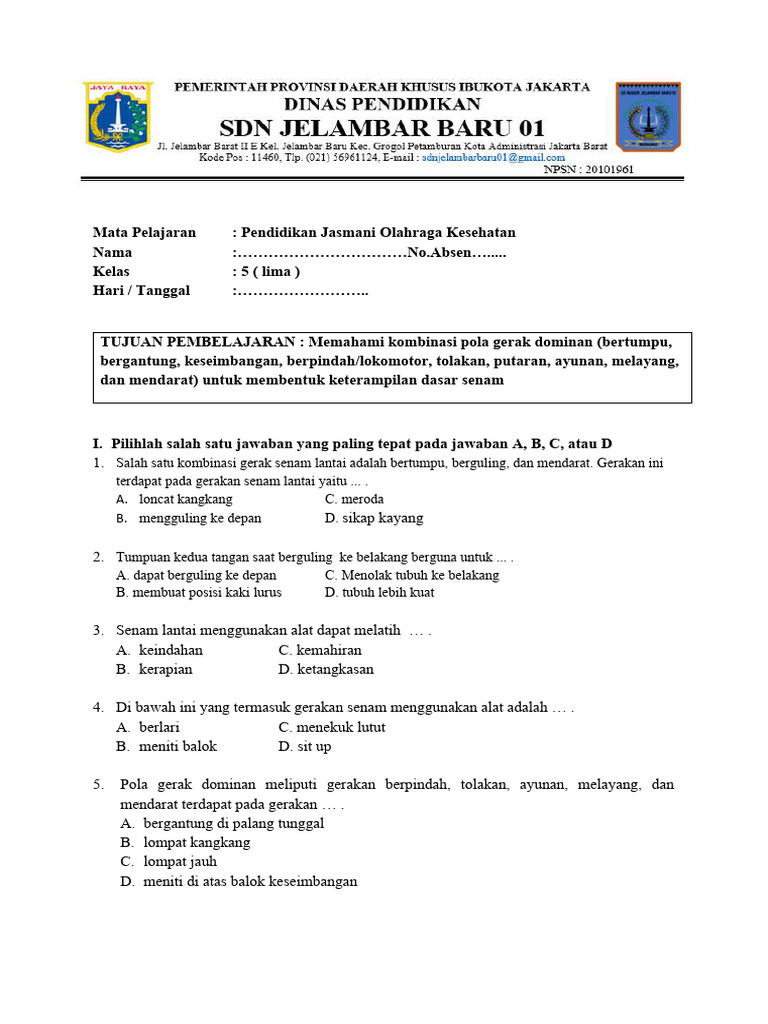 Soal PTS Pjok Kelas 5 SMT 2 2023 | PDF