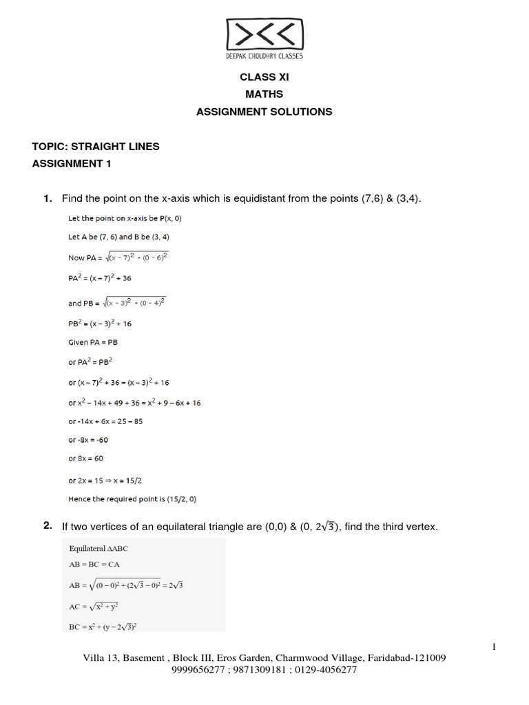 Straight Lines Assignment 1 - Solutions | PDF | Slope | Line (Geometry)