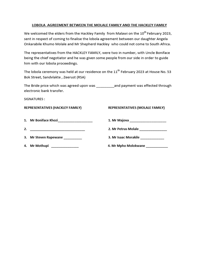 Backup of Backup of Lobola Agreement Between The Molale Family and The ...