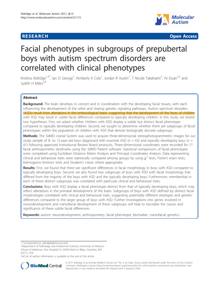 Facial Phenotypes in Boys with Autism | PDF | Autism Spectrum | Phenotype