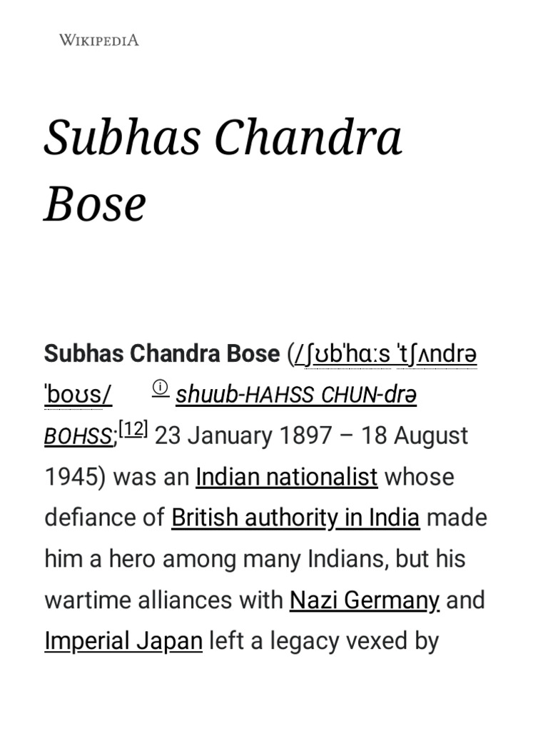 Subhas Chandra Bose - Wikipedia | PDF | Indian Independence Movement | Indian Nationalism