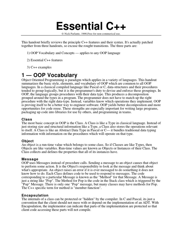 Essential C++ - Nick Parlante | PDF | Class (Computer Programming ...