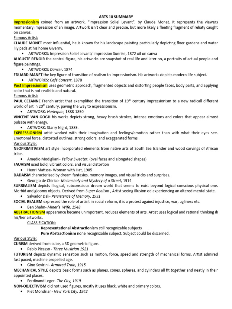 Arts Summary | Download Free PDF | Abstract Art | Impressionism
