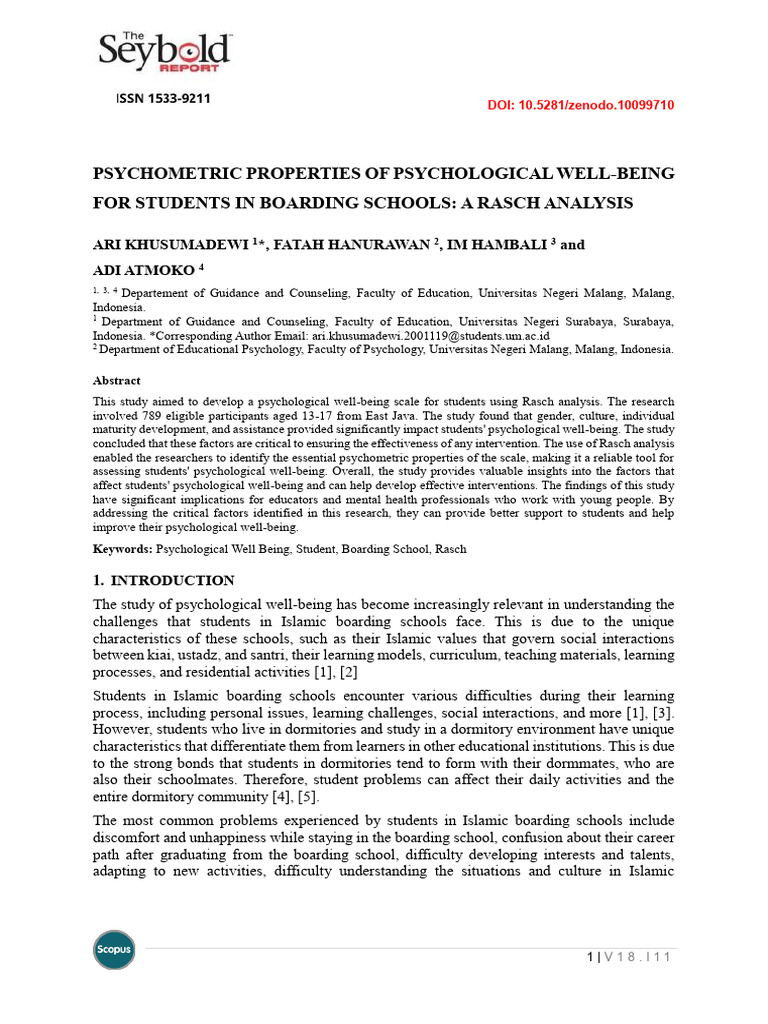 Psychometric Properties of Psychological Well-Being For Students in Boarding Schools: A Rasch ...