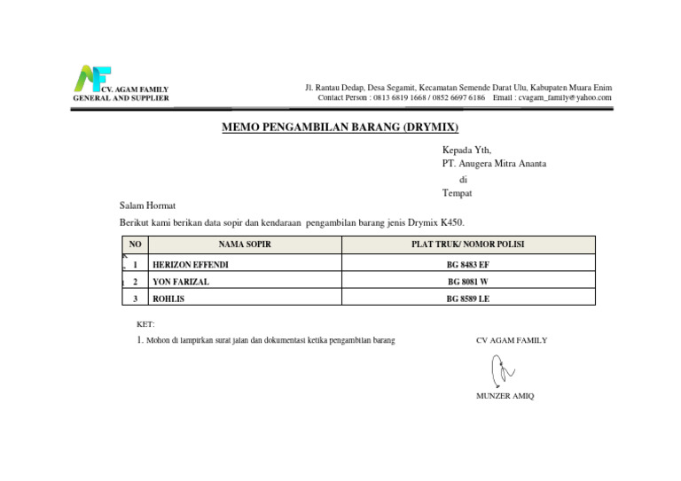 Memo Pengambilan Barang Drymix K450 | PDF