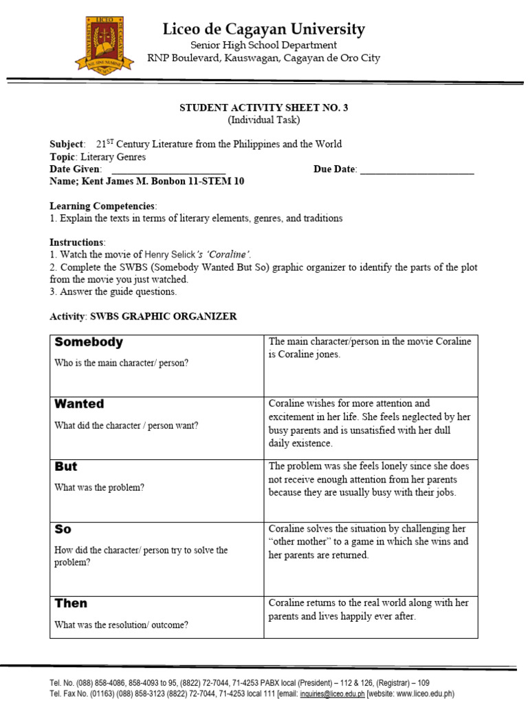Coraline Movie Analysis Activity | PDF