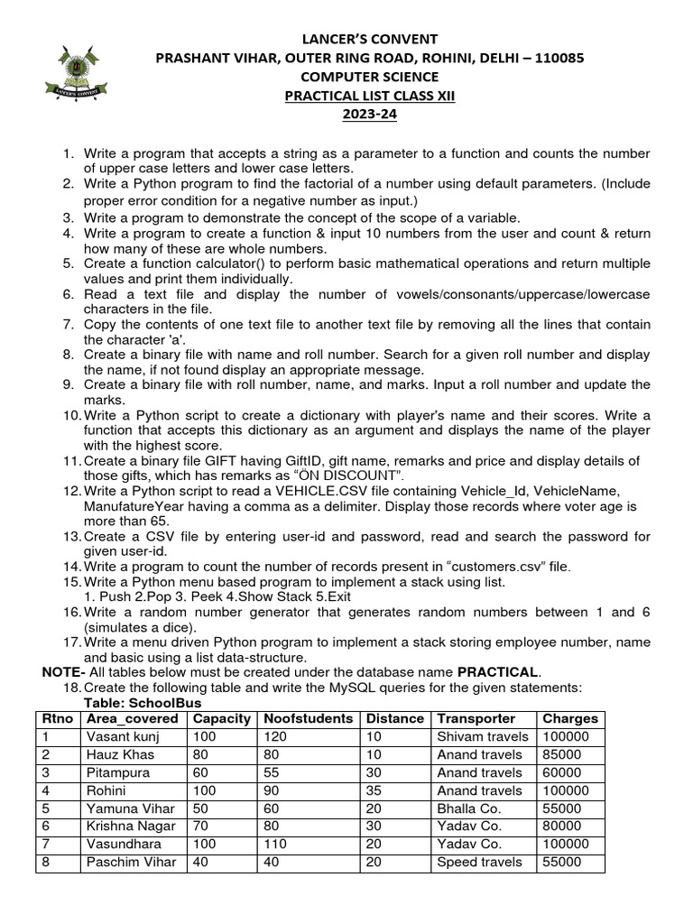 Xii Practical File Questions List (2023-24) | PDF | Parameter (Computer Programming) | Letter Case