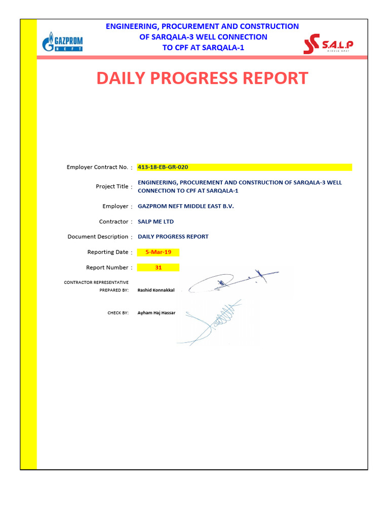 Daily Progress Report: Engineering, Procurement and Construction of ...