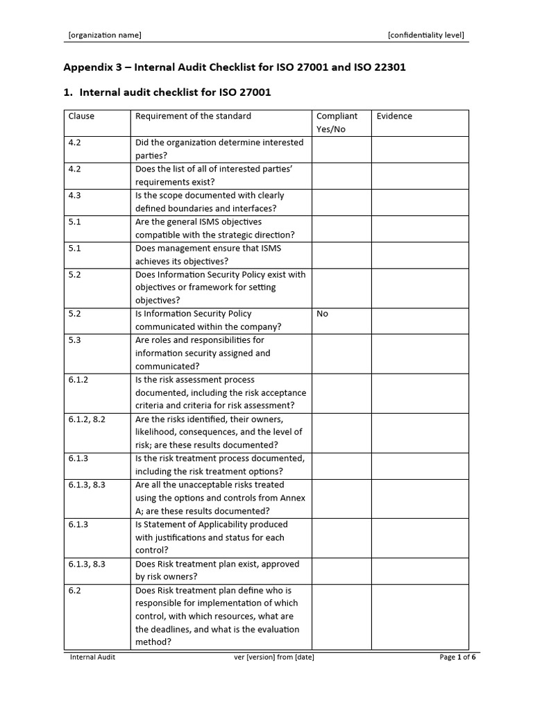 Internal Audit Checklist Isms Download Free Pdf Information