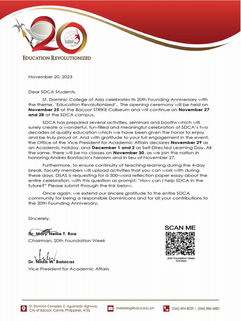 Letter To The SDCA Students Program of Activities | PDF