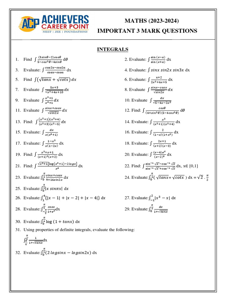 Important 3-Mark Maths Questions 2023 | PDF | Probability Distribution | Mean