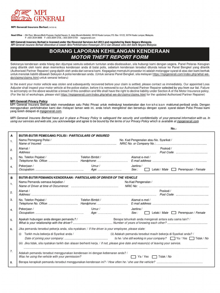 Motor Theft Report Form | PDF