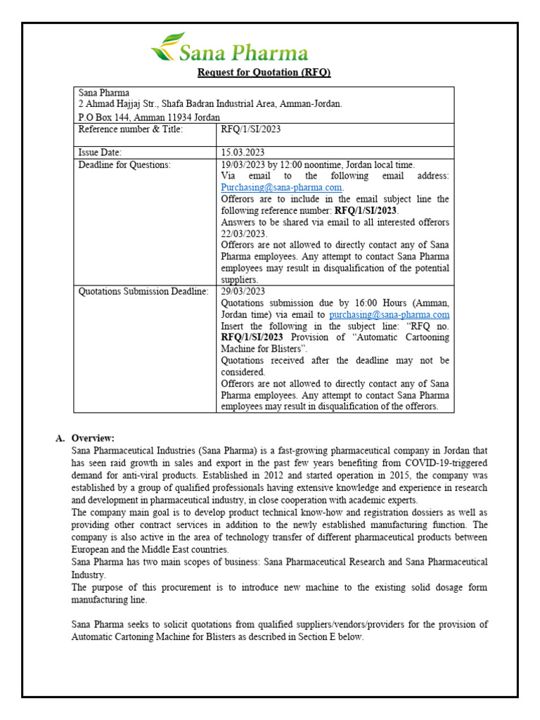 RFQ Template - Sana Pharma - Final | PDF | Specification (Technical Standard) | Offer And Acceptance