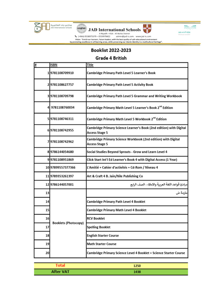 Booklist 2022-2023 Grade 4 British: After VAT | PDF