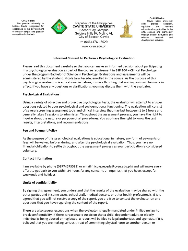 Informed Consent To Perform A Psychological Evaluation | PDF ...