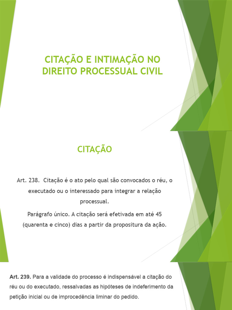 Citação e Intimação - Slides | PDF | Citação (jurídico) | Réu
