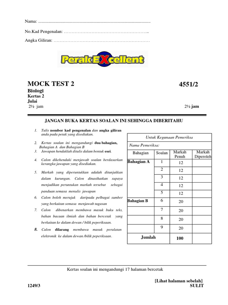 2015 SPM Trial Paper Biology (Paper 2) Perak | PDF