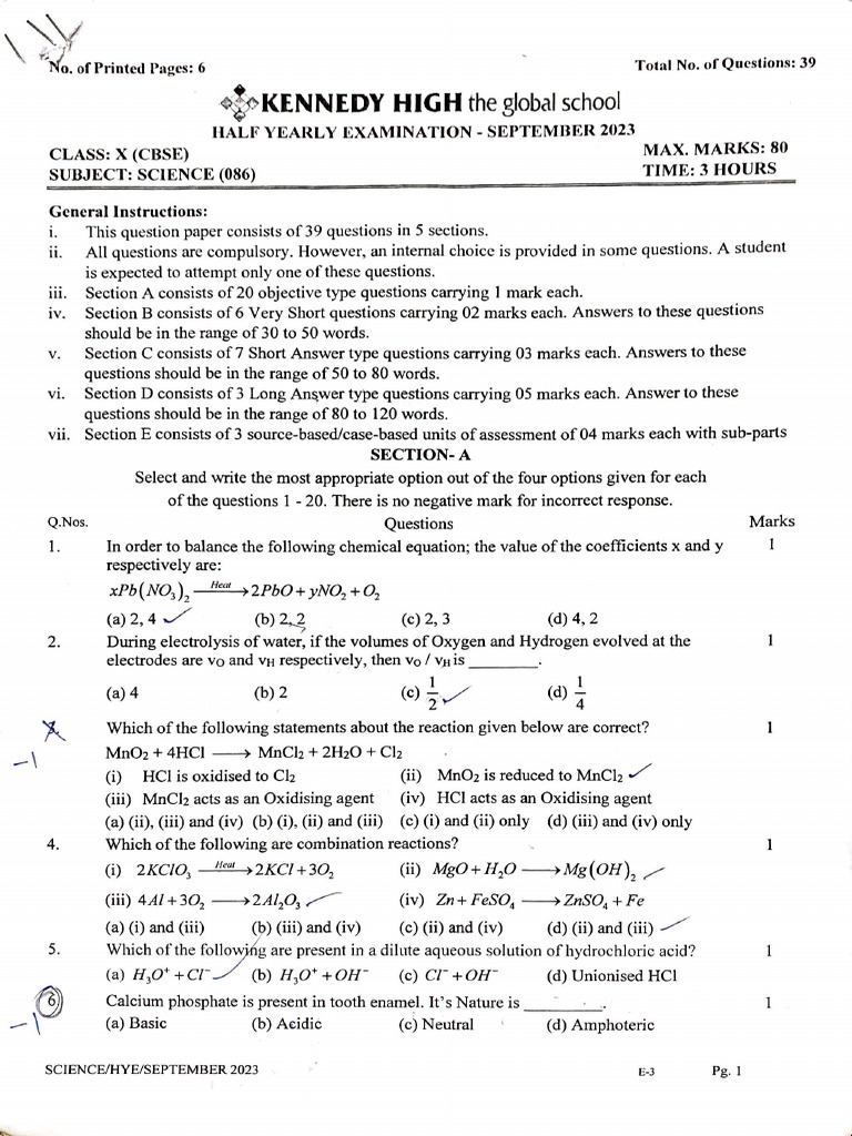 Class 10 SCIENCE Kennedy High The Global School - Half Yearly Question ...