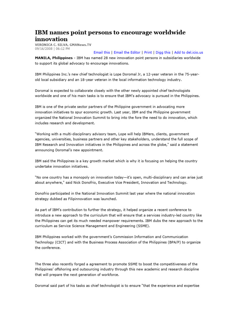 IBM Names Point Persons To Encourage Worldwide Innovation | PDF ...