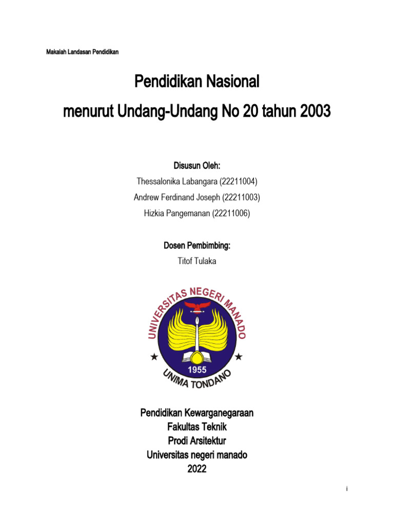 Makalah Pendidikan Nasional Menurut Undang-Undang No 20 Tahun 2003 | PDF