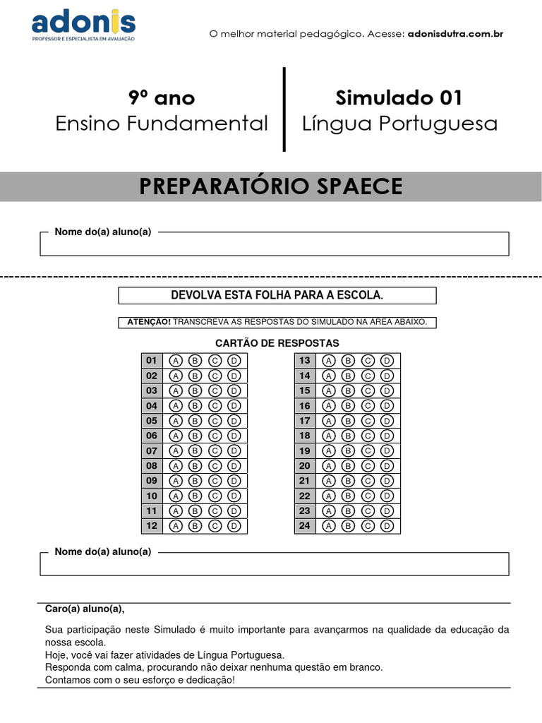 Simulado 01 - Português - 9º Ano (Professor Adonis) | PDF | Dormir | Adolescência