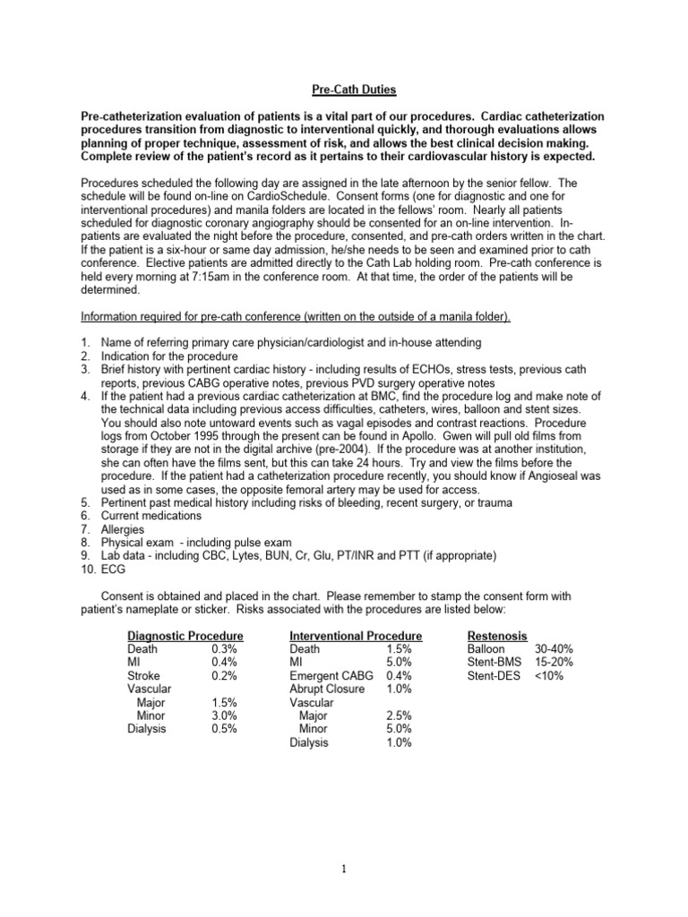 Pre Cath Duties | PDF | Clinical Medicine | Medical Specialties