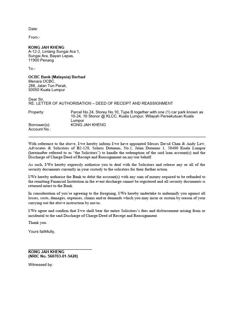 Letter of Authorisation For Deed of Receipt and Reassignment | PDF ...