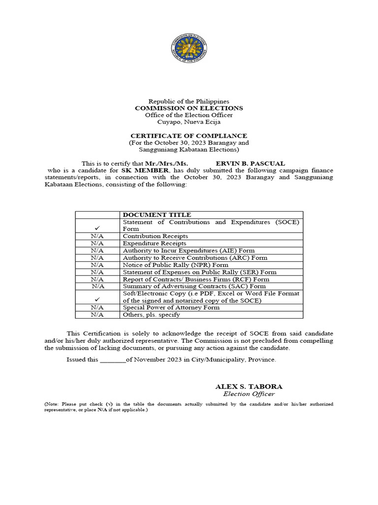 Comelec Certificate of Compliance | PDF