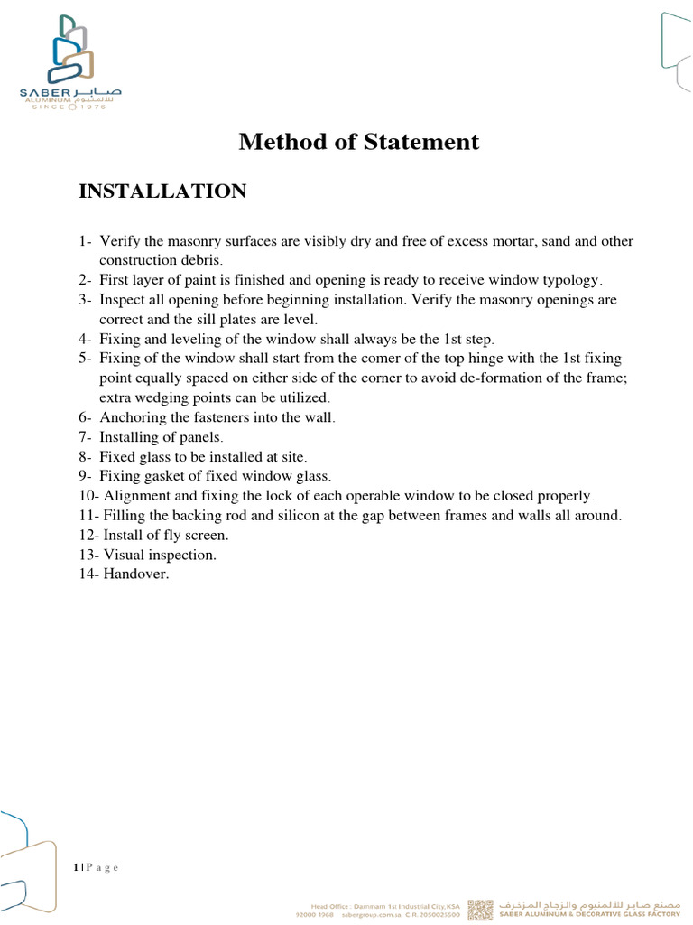 Window Installation Method Statement | PDF