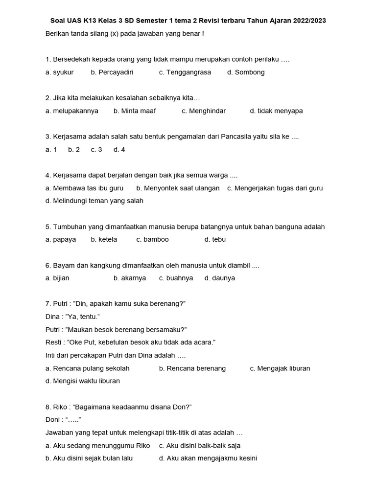 #2., Soal UAS K13 Kelas 3 SD Semester 1 Tema 2 Revisi Terbaru Tahun Ajaran 2022 | PDF